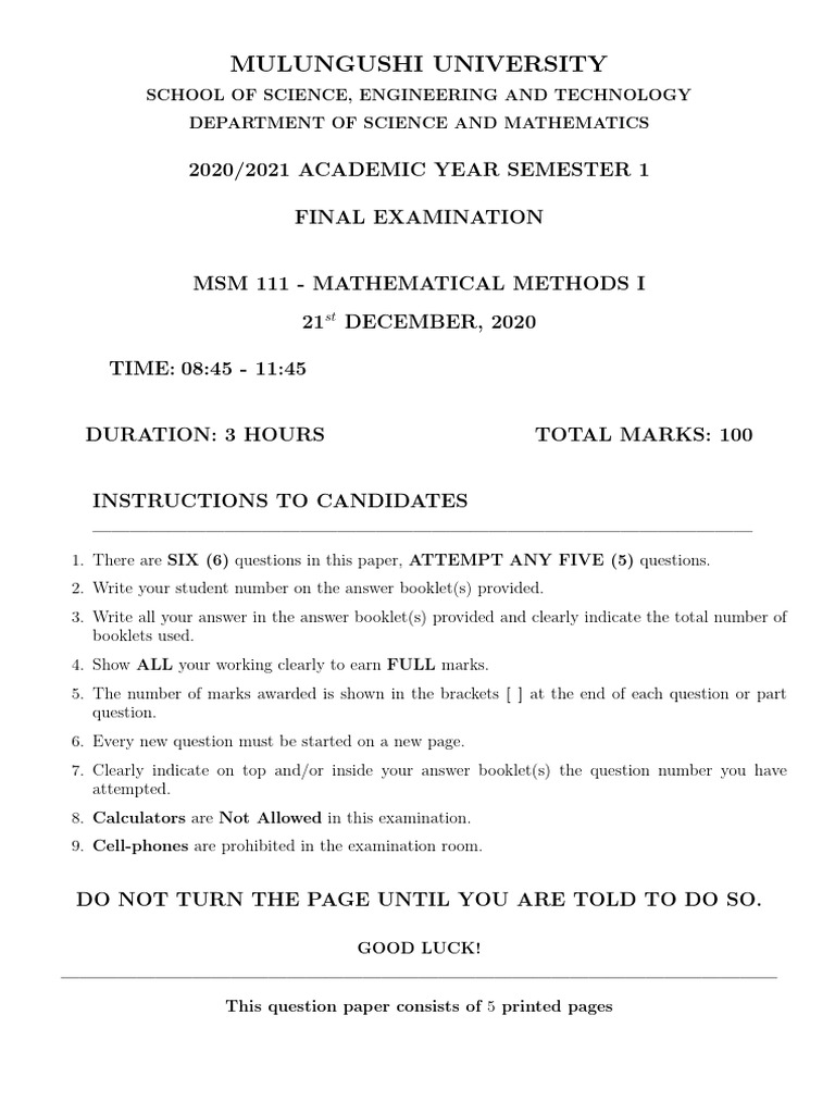 MSM 111 - EXAM 2020-2021-Mathematical Methods I | PDF | Function ...