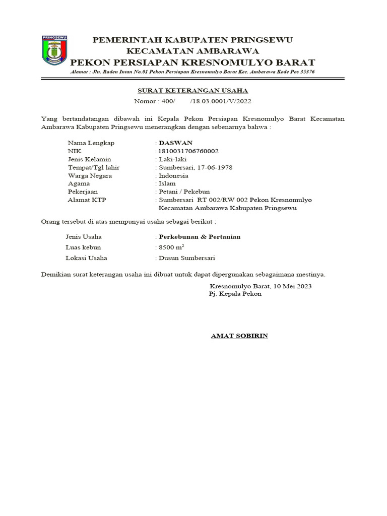 Keterangan Usaha Daswan | PDF