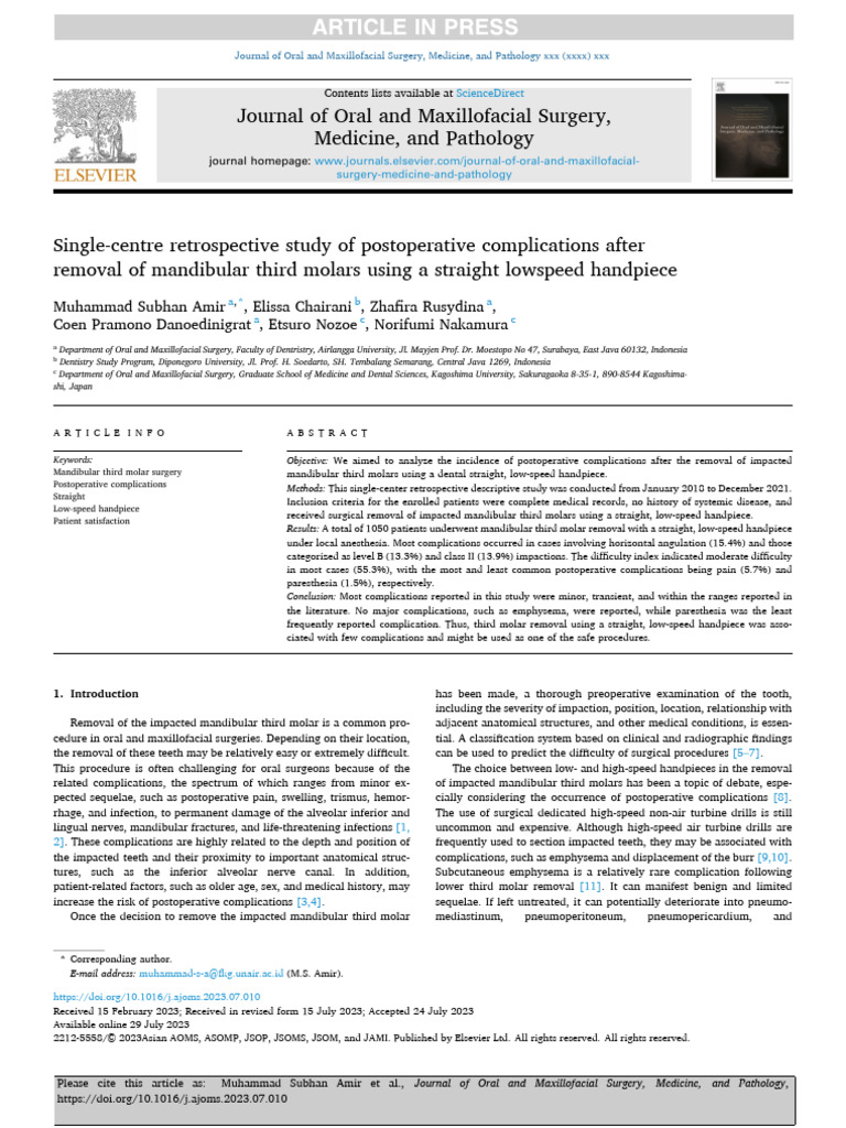 Single Centre Retrospective Study of Postoperative Complications After Removal of Mandibular ...