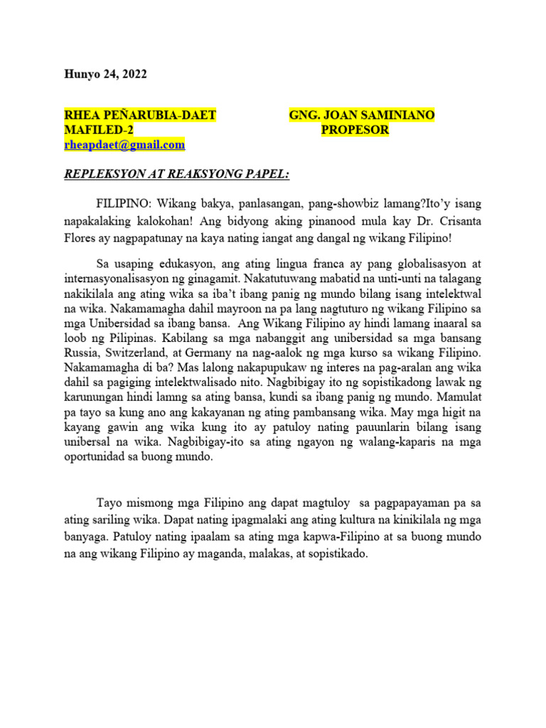 Repleksyon at Reaksyong Papel Sa Globalisasyon NG Wikang Filipino | PDF