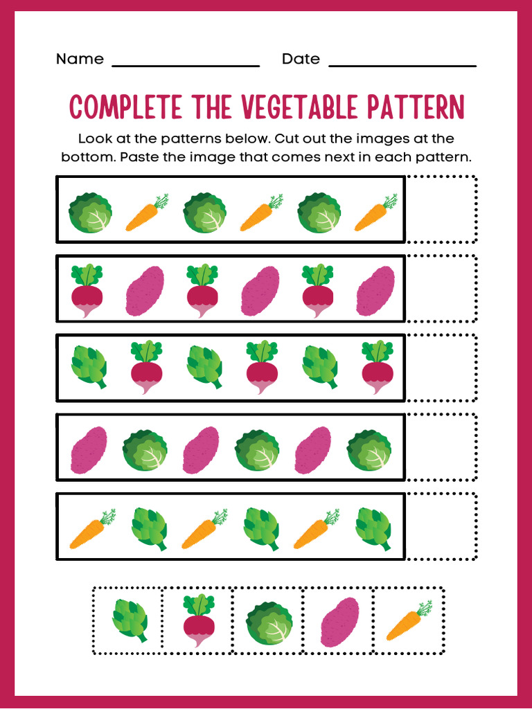 Complete The Vegetable Pattern Math Worksheet For Kids | PDF