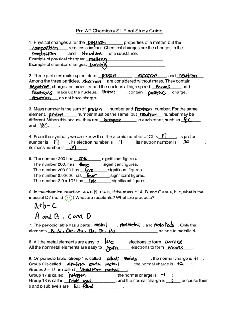 2022-2023 Pre-AP Chemistry S1 Final Study Guide | PDF | Chemical ...