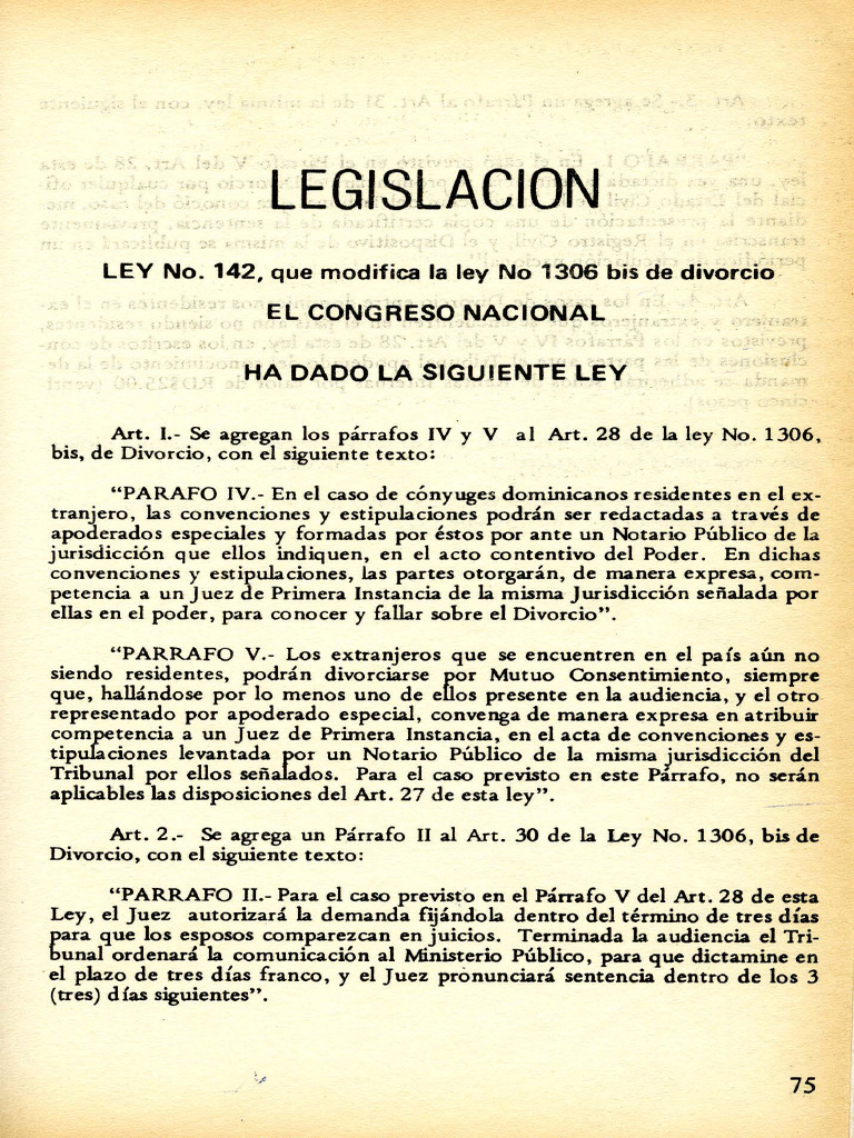 LEY NUM. 142-71 DE DIVORCIO AL VAPOR - Del 4 de Junio Del 1971 | PDF ...