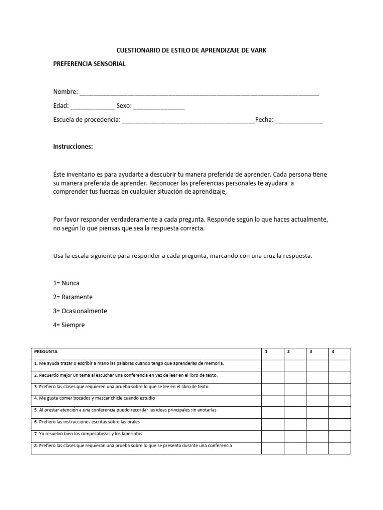 Cuestionario de Estilo de Aprendizaje de Vark | PDF | Cognición