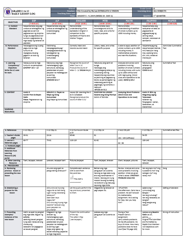 DLL - All Subjects 2 - Q1 - W10 - D1 | PDF