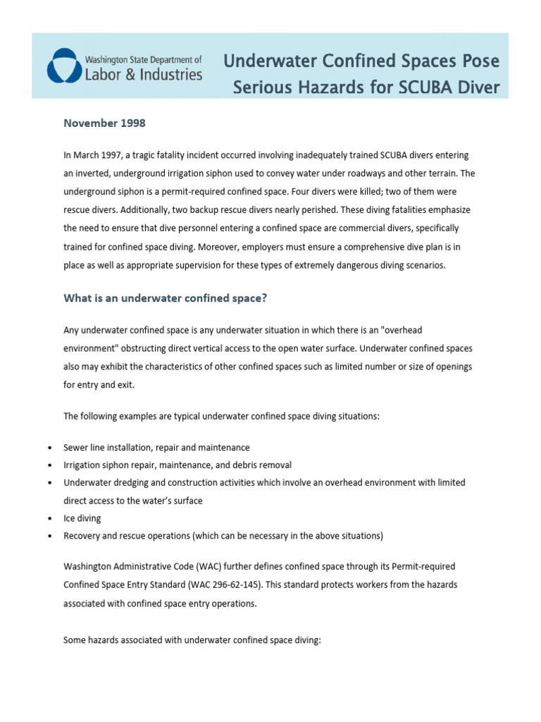 Underwater Confined Spaces Pose Serious Hazards For SCUBA Diver - Washington State Department of ...