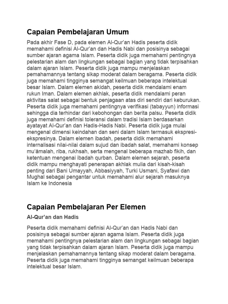 Capaian Pembelajaran Umum PAI 7 Kurmer 2022 | PDF