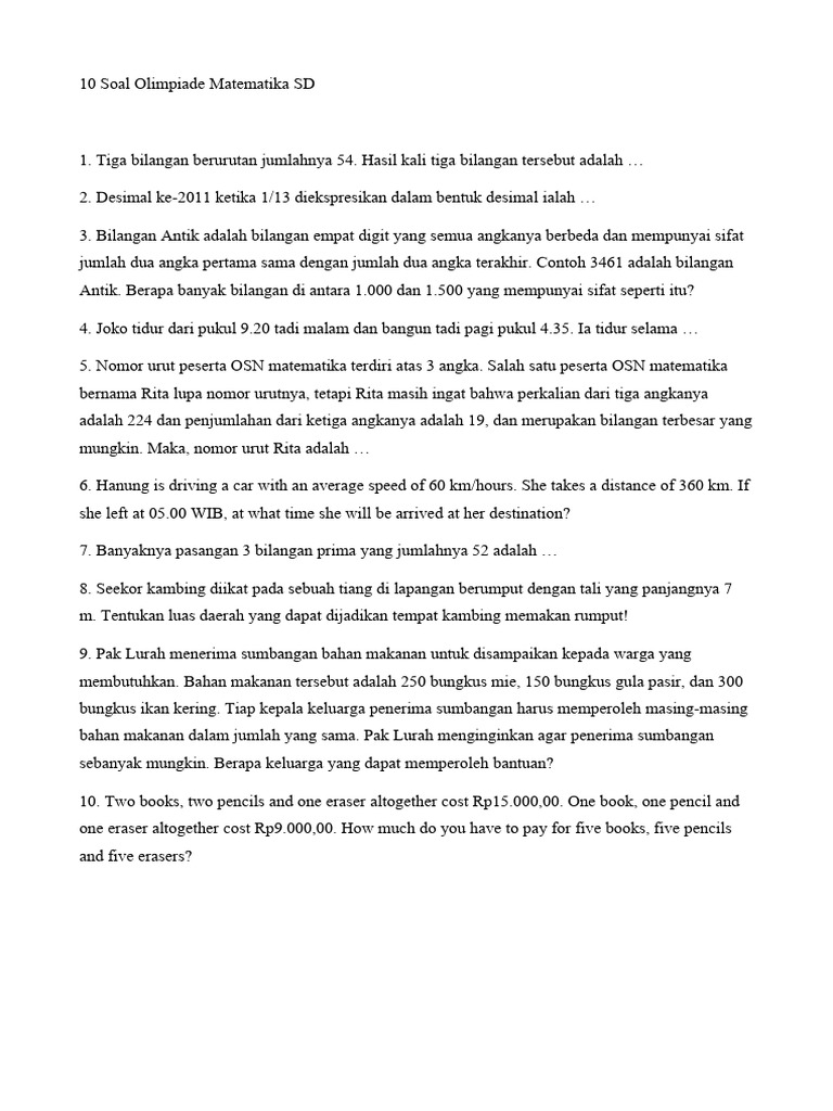 4 10 Contoh Soal Olimpiade Matematika SD Lengkap Dengan Kunci ...