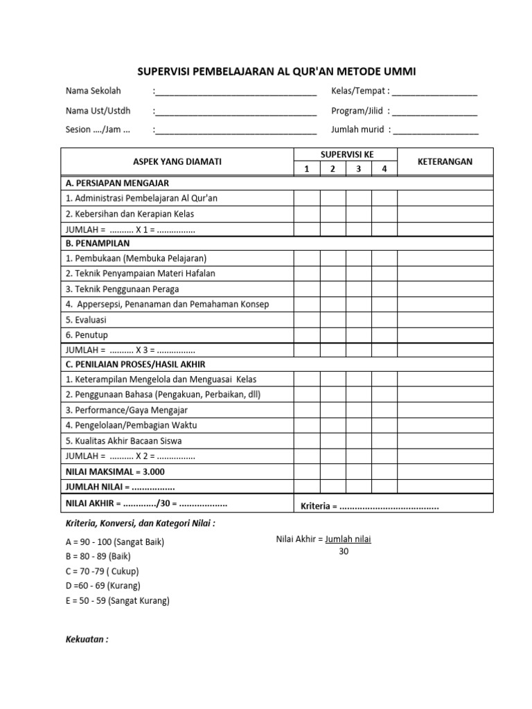 Form Supervisi Pembelajaran Ummi | PDF
