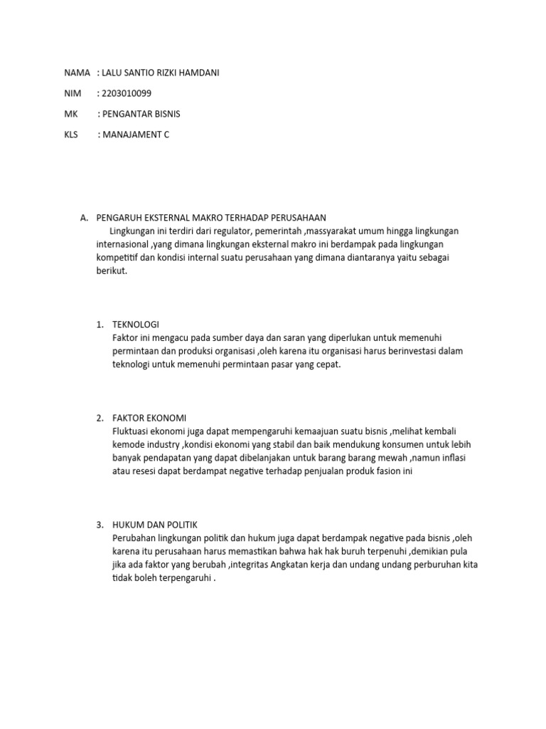 Pengaruh Eksternal Makro Terhadap Perusahaan | PDF | Pengelolaan Keuangan & Uang | Ilmu Sosial
