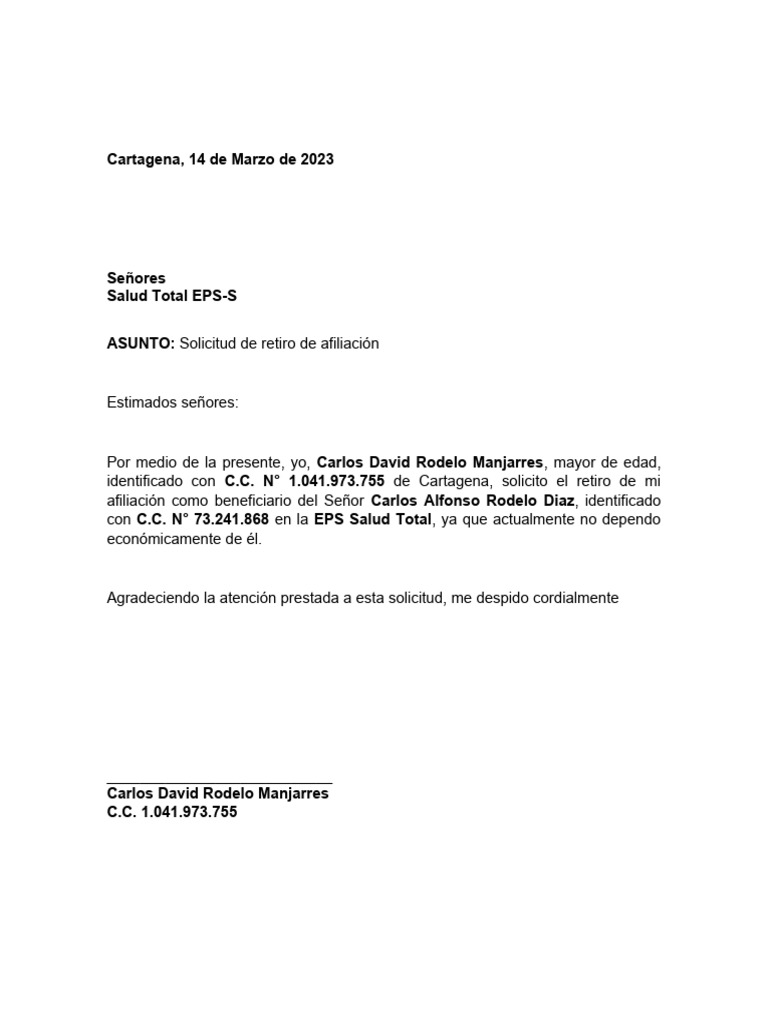 Carta de Retiro de EPS | PDF