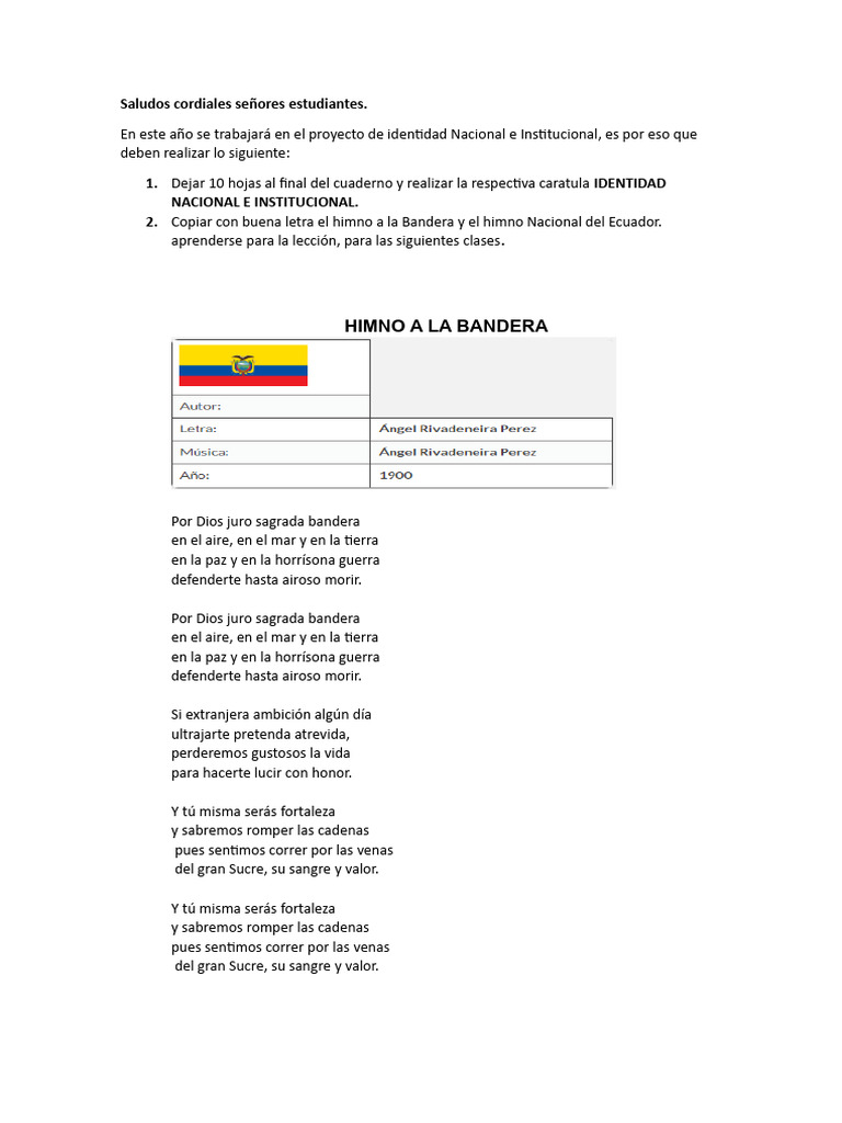 Himno A La Bandera - Himno Nacional Del Ecuador | PDF | Canciones ...