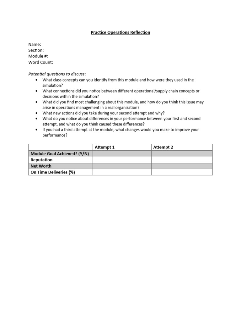 Practice Operations Simulation - Reflection Template | PDF