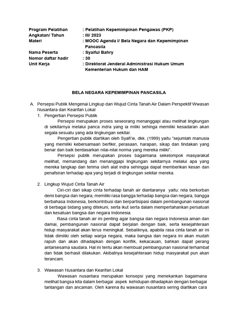 Tugas Summary Modul 2 - Bela Negara Kepemimpinan Pancasila (Agenda 1) | PDF