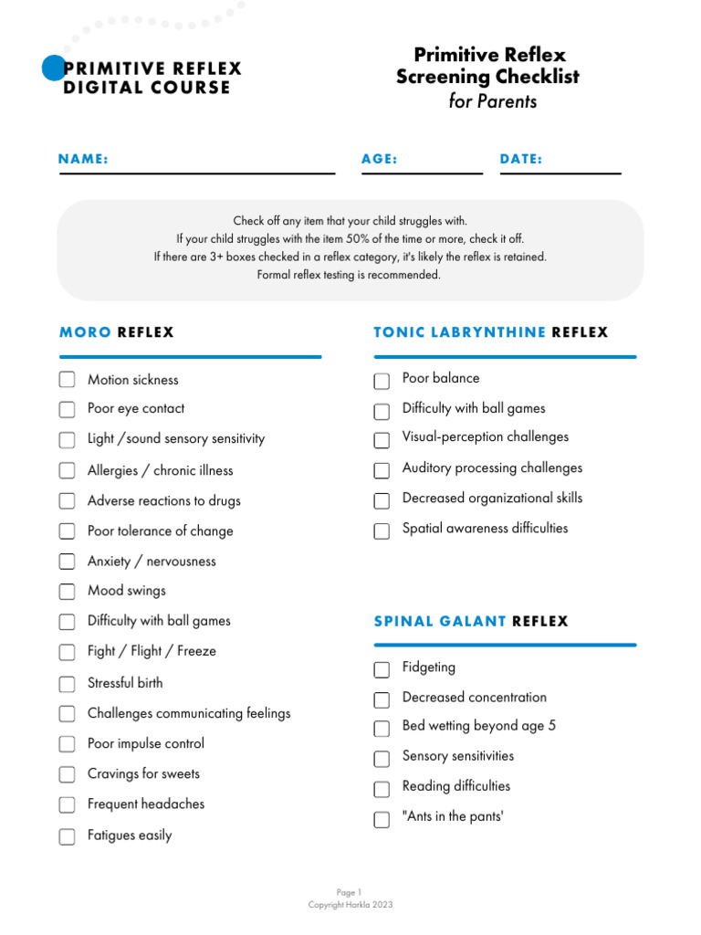 Mod 1 Parents Primitive Reflex Screening Checklist | PDF | Neuroscience ...