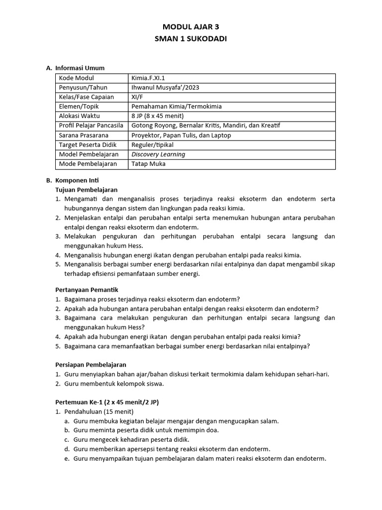 MODUL AJAR 3 Termokimia | PDF