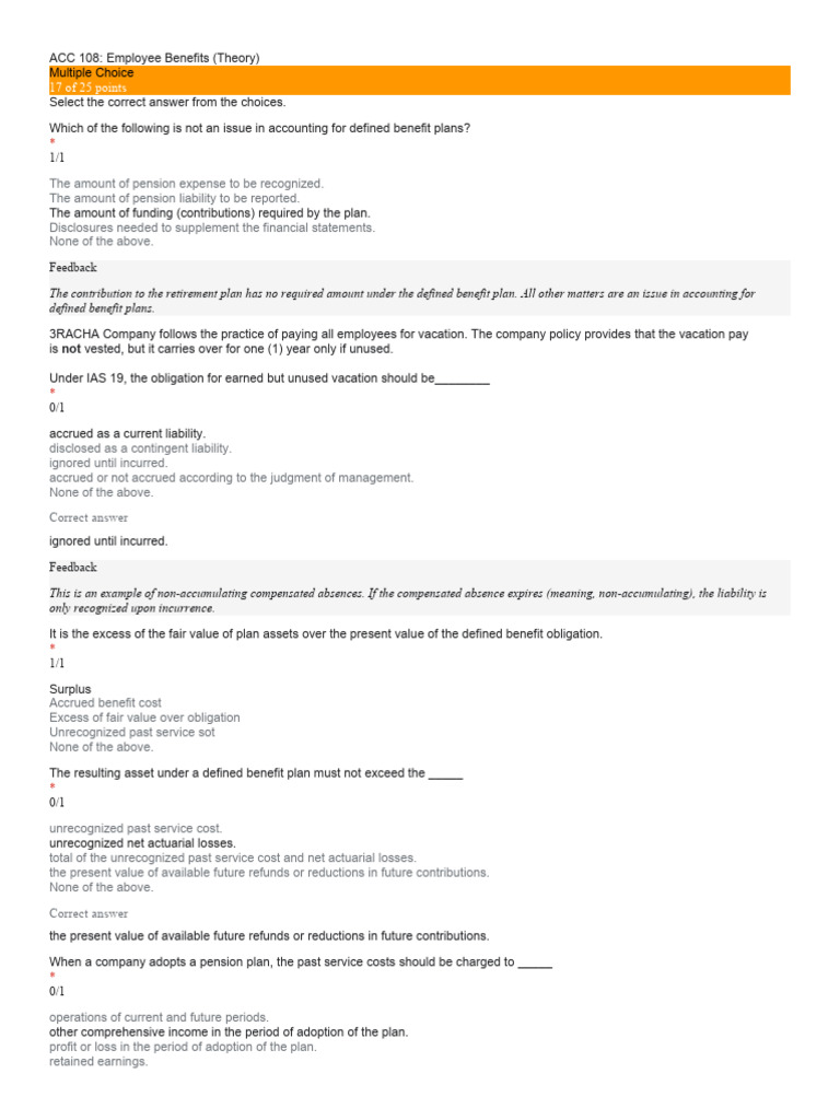 ACC 108 Quiz | PDF | Defined Benefit Pension Plan | Pension