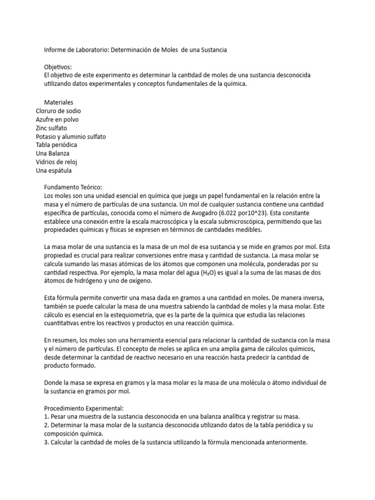 Informe Laboratorio Formato | Descargar gratis PDF | Mole (Unidad) | Química