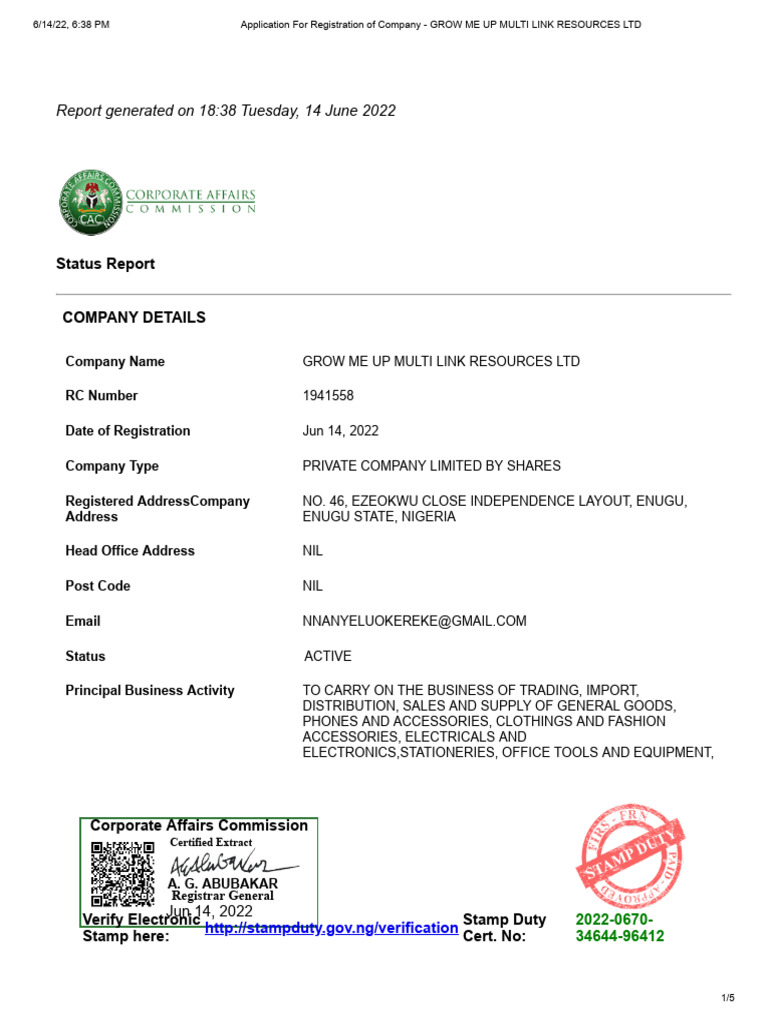 Application For Registration of Company - GROW ME UP MULTI LINK ...