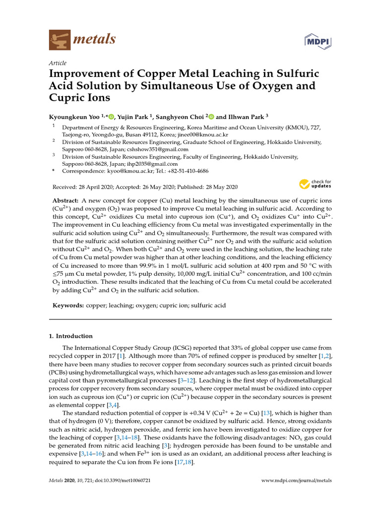 Metals 10 00721 v2 | PDF | Copper | Redox