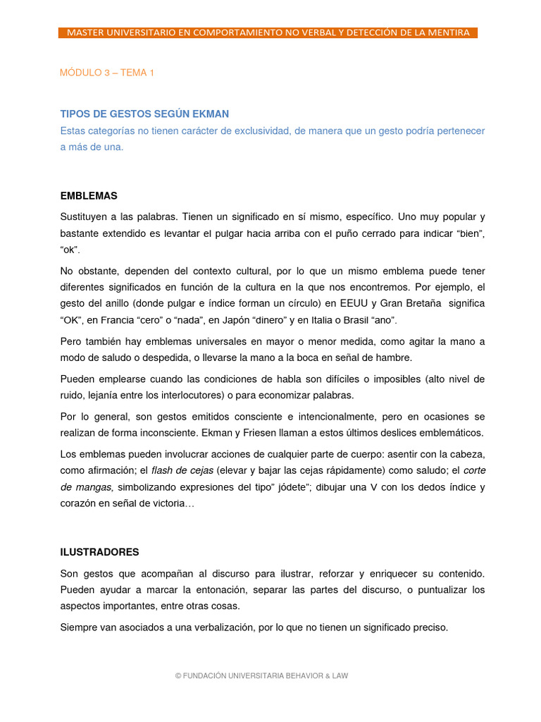Tipos de Gestos según Ekman | PDF | Comunicación no verbal | Comunicación