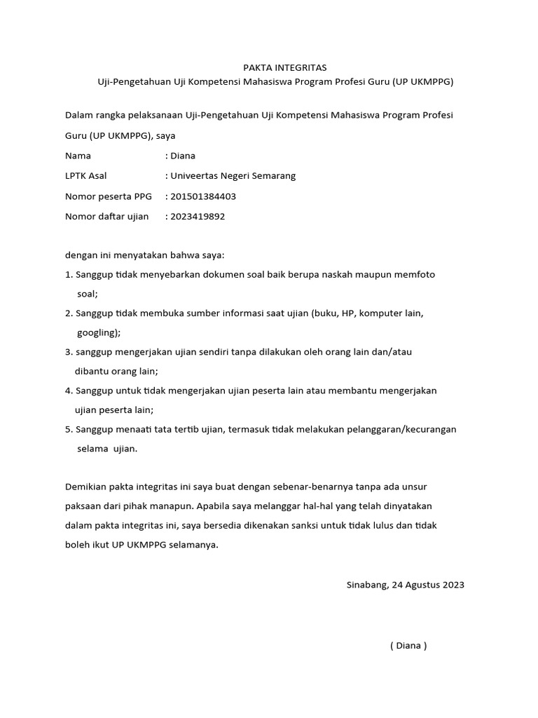 Pakta Integritas Uji Kompetensi PPG | PDF