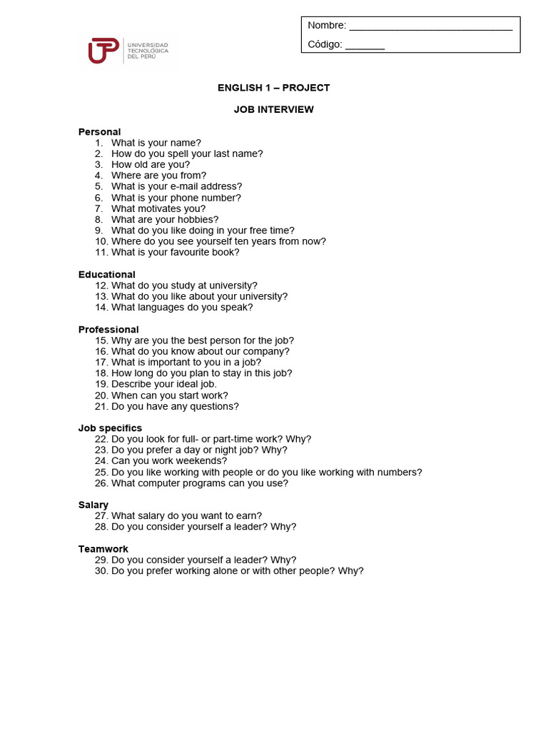 English 1 - Job Interview Questions | PDF