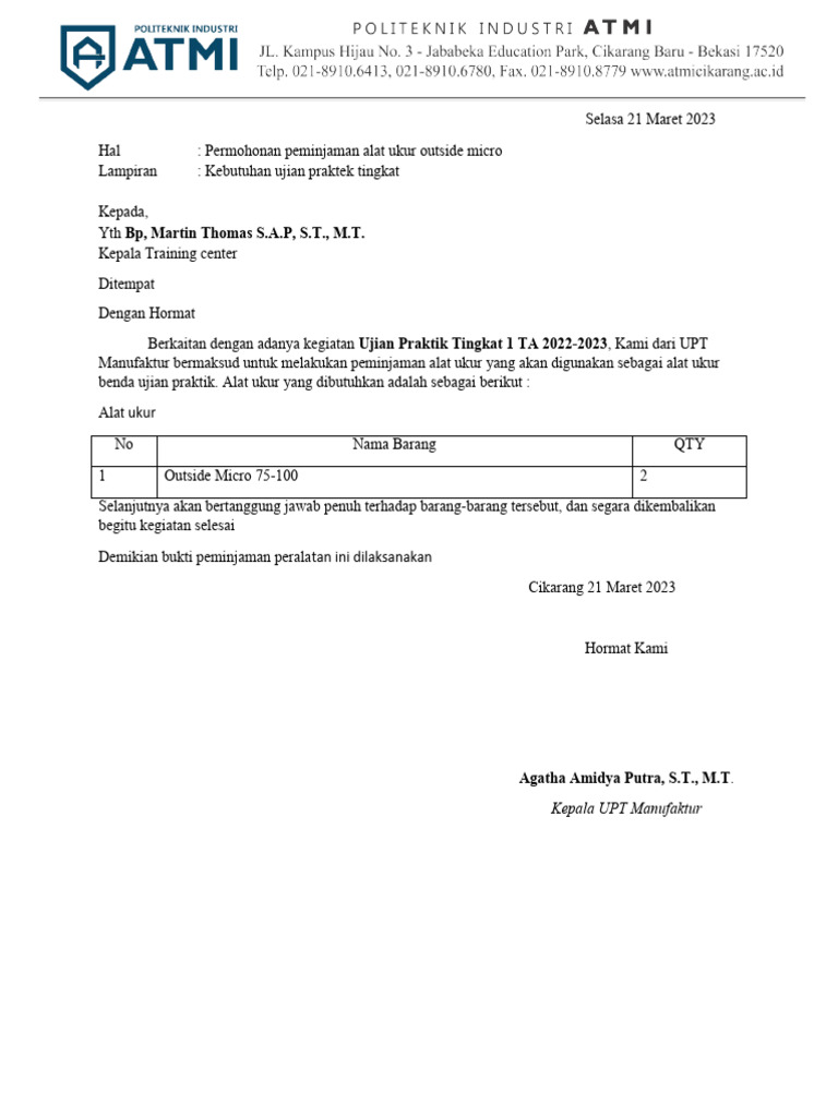 Surat Peminjaman Alat Ukur | PDF