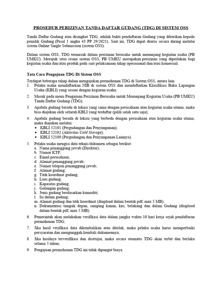Prosedur Perizinan Tanda Daftar Gudang Di OSS | PDF