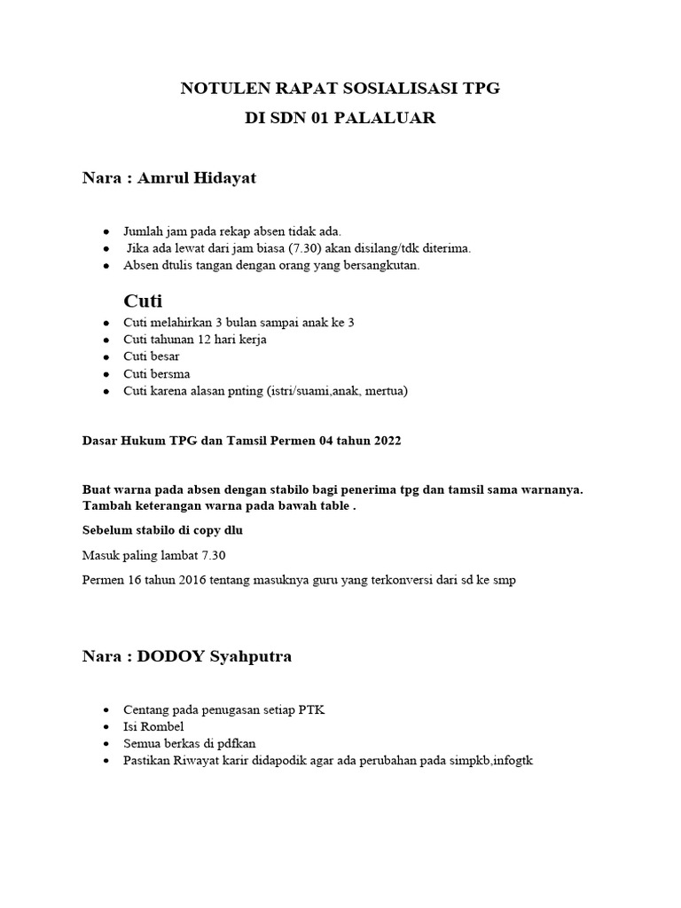 Notulen Rapat Sosialisasi TPG | PDF