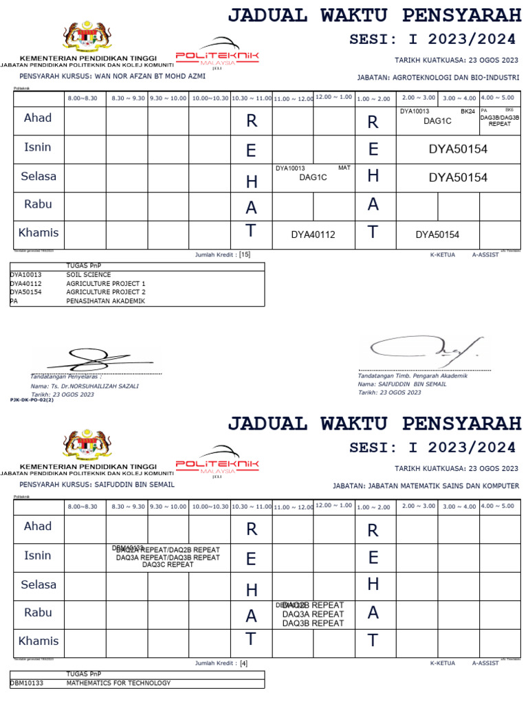 Jadual Pensyarah Sesi 1 2023 2024 Volume 1 | PDF