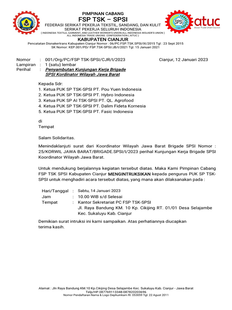 001 No 001 Surat Kunker Brigade SPSI Korwil Jabar | PDF | Kajian Bahasa ...