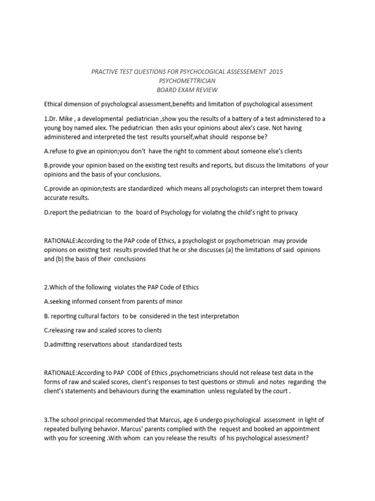 Practive Test Questions For Psychological Assessement 2015 ...