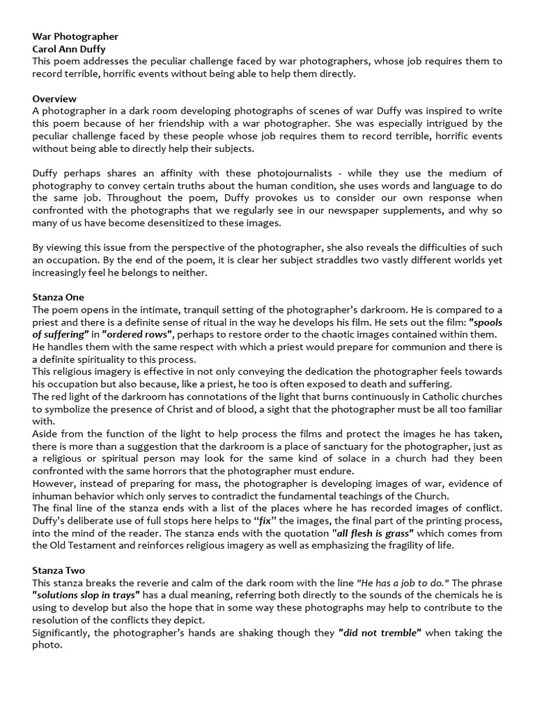 Analyzing Duffy's "War Photographer" | PDF | Poetry