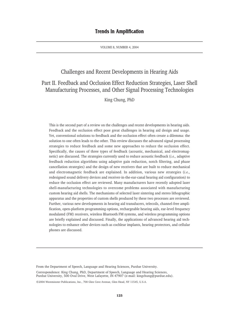 Chung 2004 Challenges and Recent Developments in Hearing Aids Part II Feedback and Occlusion ...