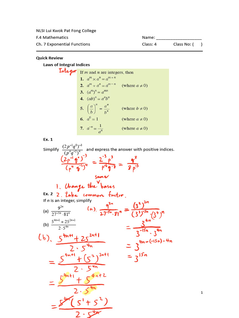 4B Ch. 7 Exponential Functions Ans | PDF | Mathematics | Elementary Mathematics