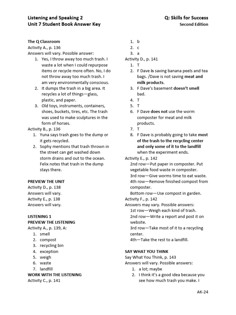 Listening and Speaking 2unit 7 Student Book Answer Key | Download Free ...