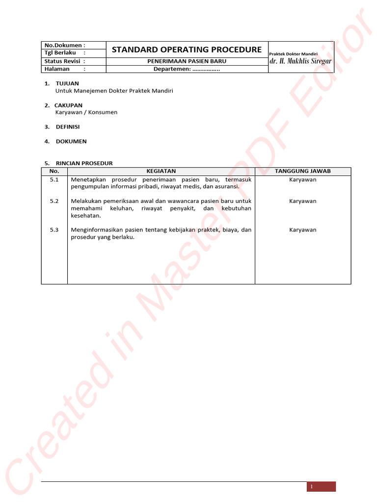 Sop Penerimaan Pasien Baru | PDF