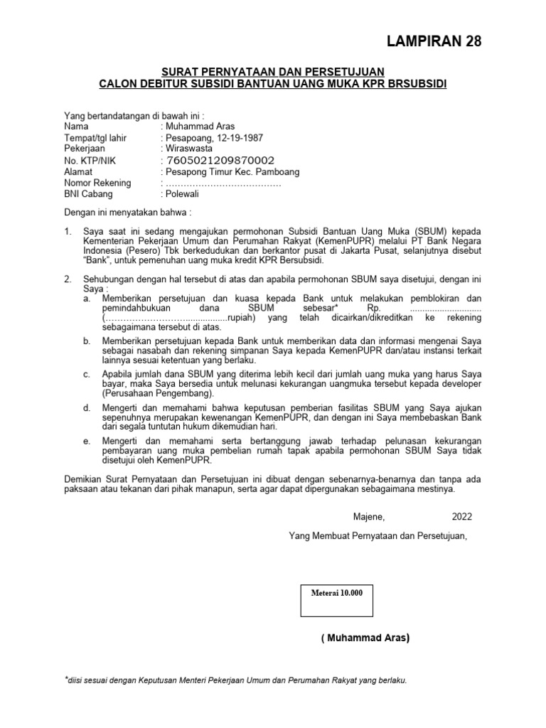 Lampiran 28 - Surat Pernyataan Dan Persetujuan Calon Debitur SBUM | PDF