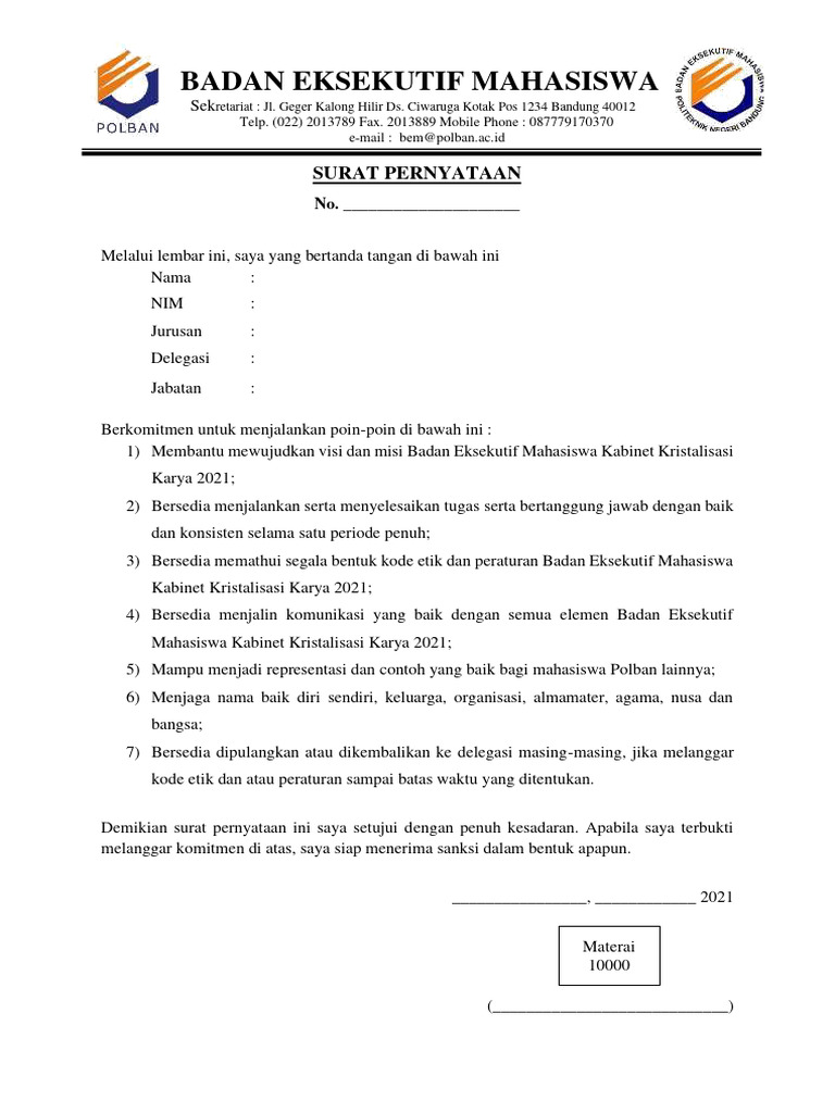 Surat Pernyataan Sumpah Anggota BEM | PDF