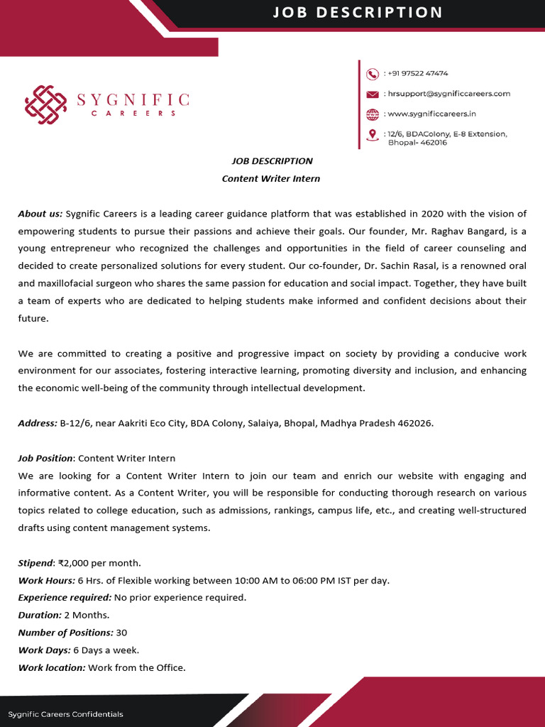 Content Writer Intern - Job Description - Sygnific Careers - 2023 | PDF ...