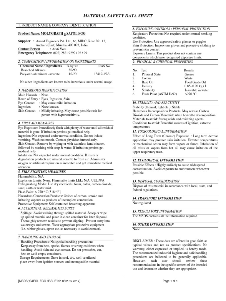 MSDS SAFOL - FGG - msds1 | PDF | Combustion | Chemical Substances