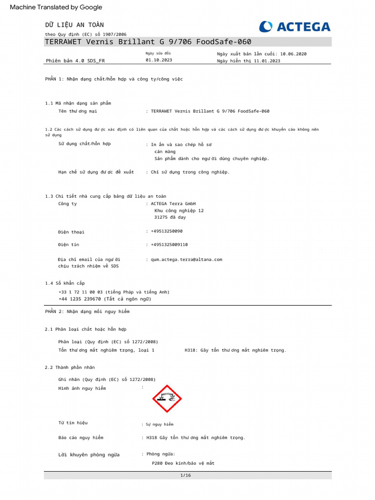 MSDS - TERRAWET® Vernis Brillant G 9 - 706 FoodSafe-060 - FR Vietnamese | PDF