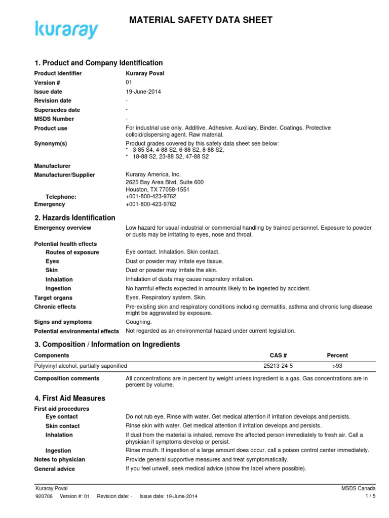 MSDS Kuraray Poval Partially Saponified S Grades-MSDS CANADA-English ...