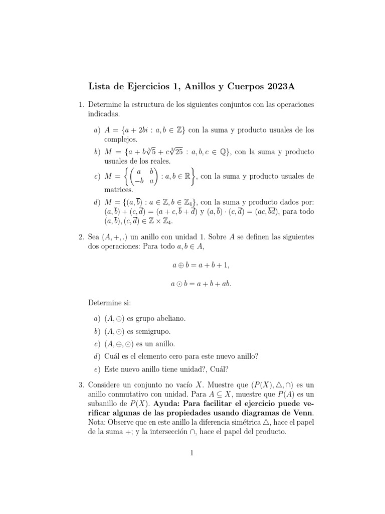 Lista Ejercicios 1 Anillos 2023A | PDF | Anillo (Matemáticas) | Campo (Matemáticas)