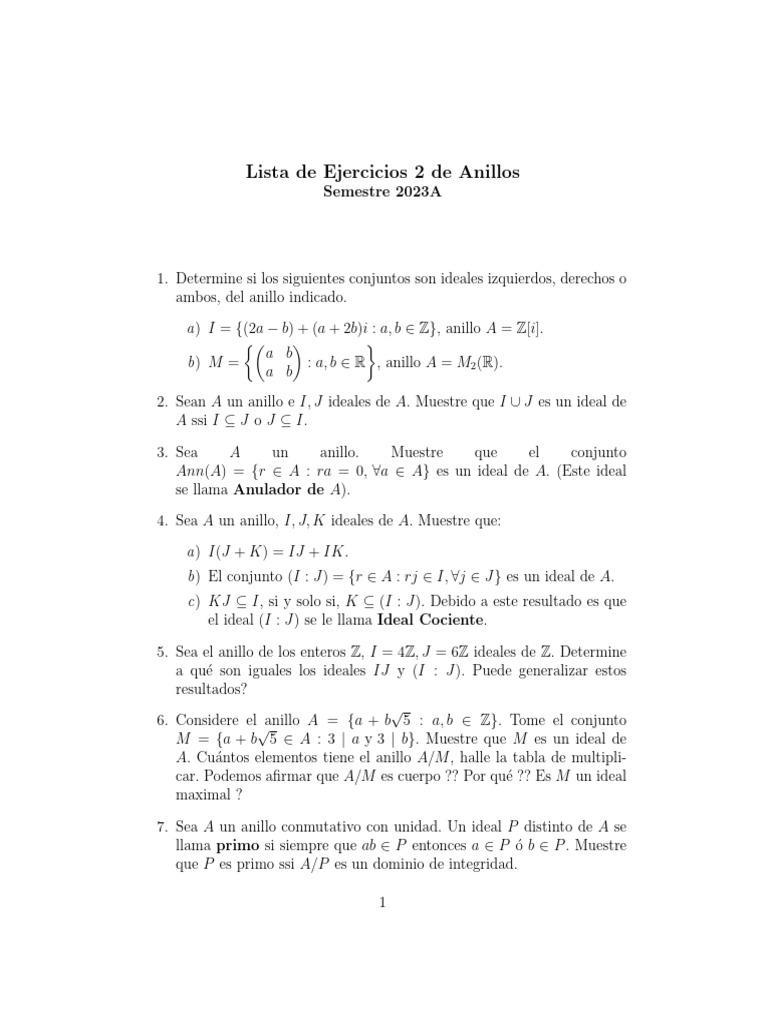 Lista Ejercicios 2 Anillos 2023A | PDF | Anillo (Matemáticas) | Análisis matemático