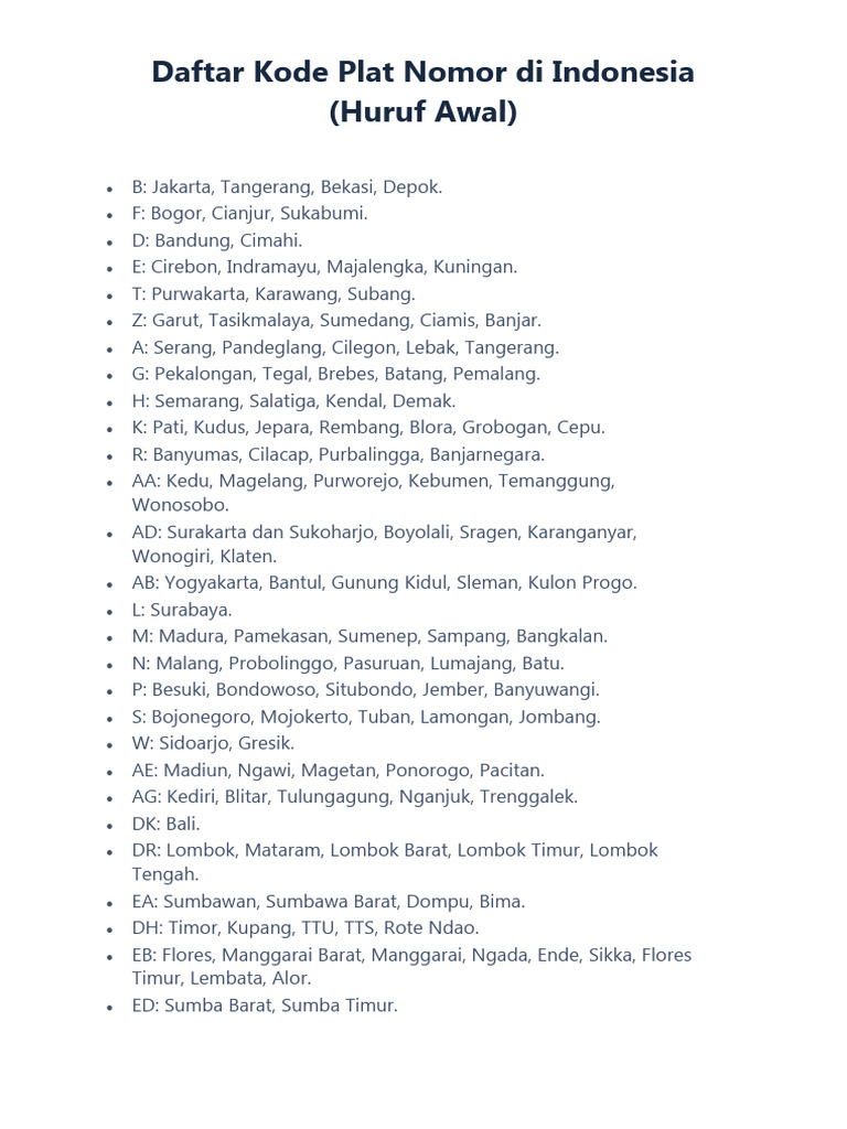 Daftar Kode Plat Nomor Di Indonesia | PDF