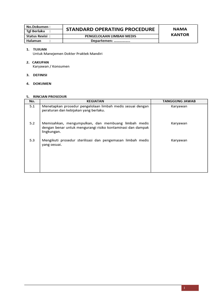 Sop Pengelolaan Limbah Medis | PDF