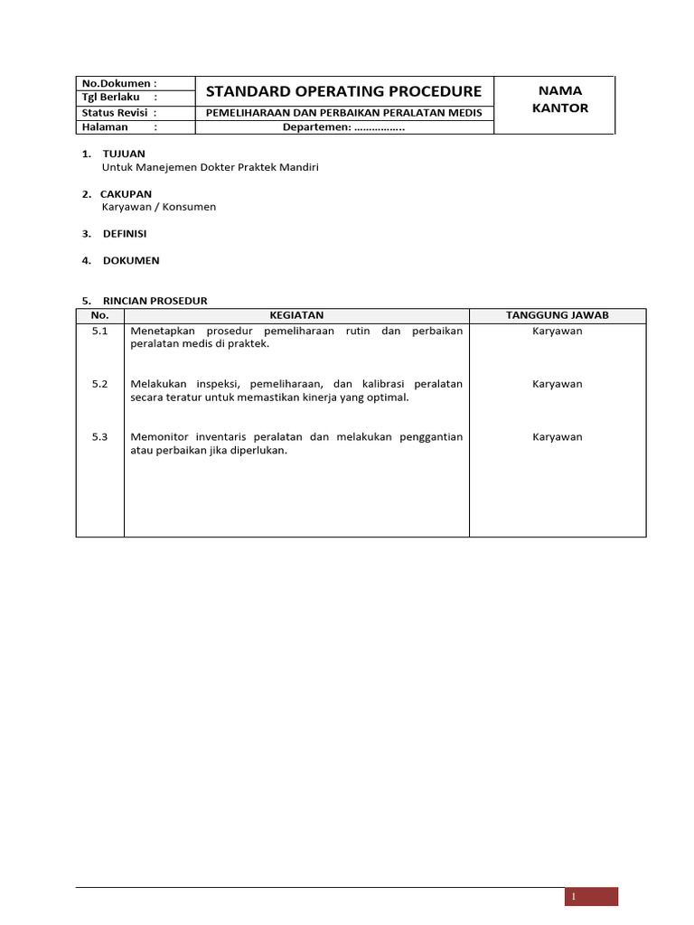Sop Pemeliharaan Dan Perbaikan Peralatan Medis Pdf