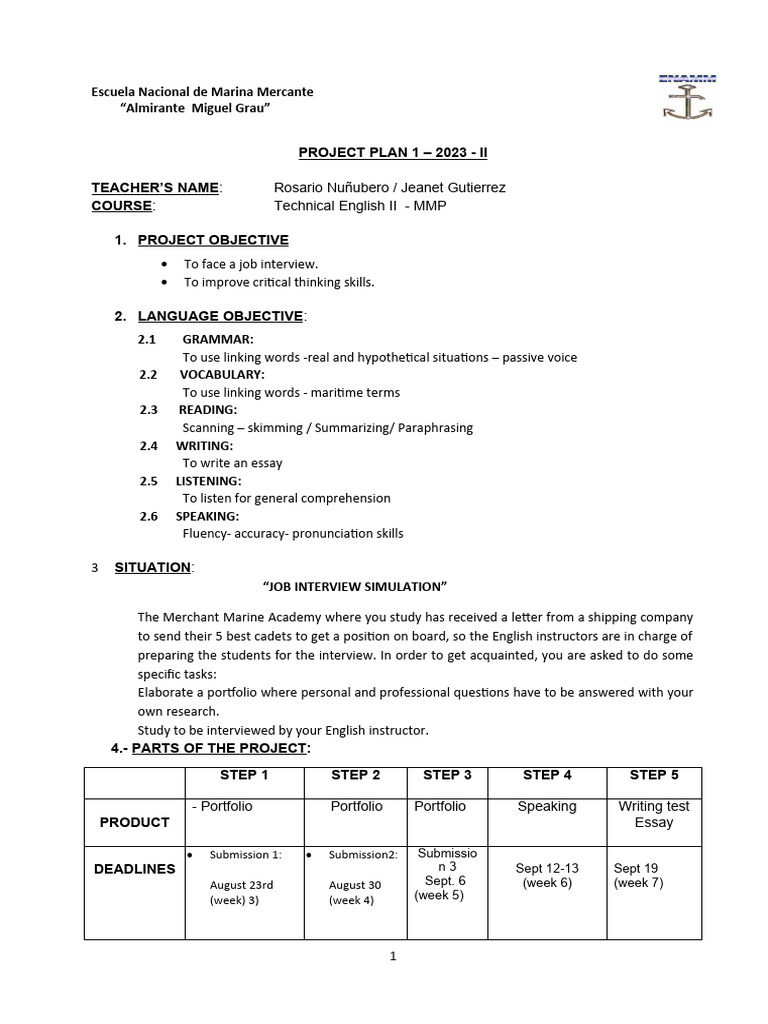 Project Plan 1-Technical English II - 2023-2 | PDF | Reading Comprehension | Human Communication